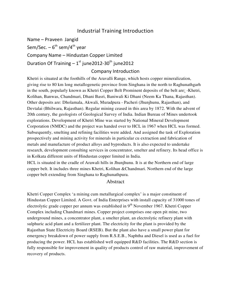 Industrial Training Introduction | Mining | Copper