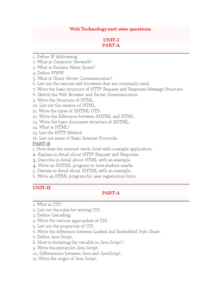 Web Technology Unit Wise Questions | PDF | Html | Cascading Style Sheets