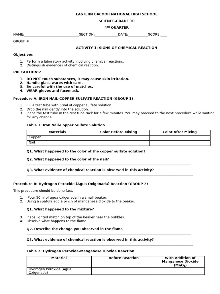 Worksheet February 25 267 Evidence of Chemical Reaction | PDF | Sodium ...