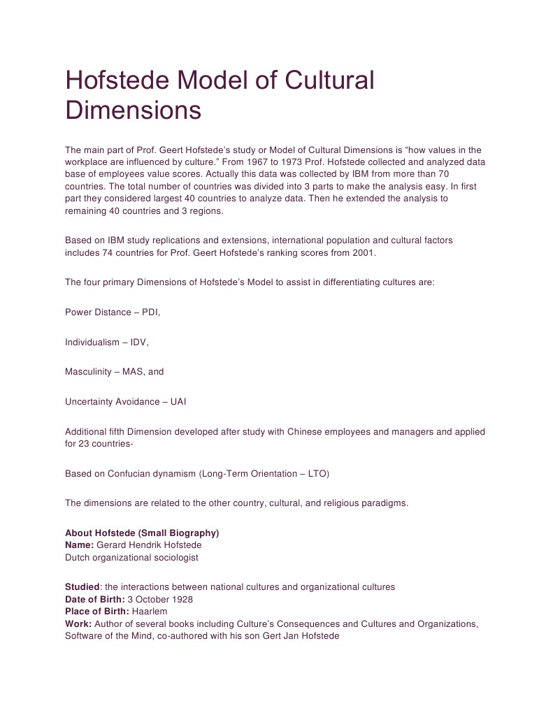 Hofstede Model of Cultural Dimensions | PDF