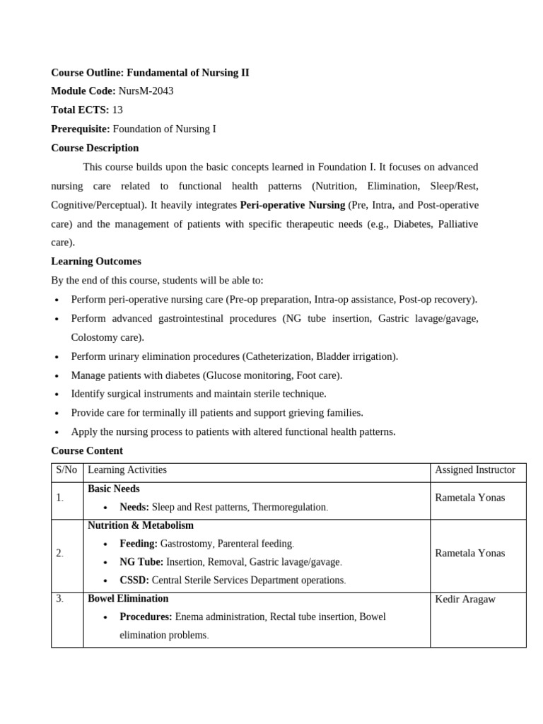 Fundamental of Nursing-II Course Outlines | PDF | Catheter | End Of ...