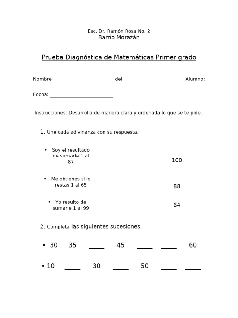 Prueba Diagnostica Matematicas Primer Grado 2019 | PDF