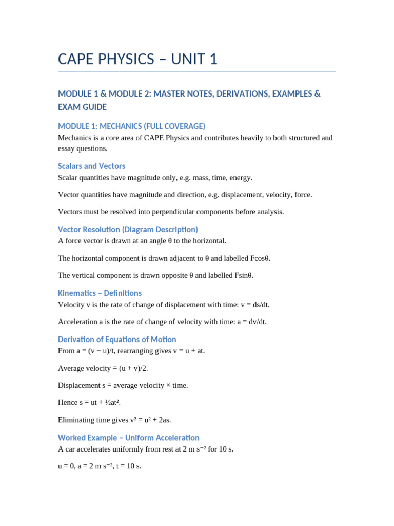 CAPE Physics Unit 1 Modules 1 and 2 MASTER PACK | PDF | Waves | Velocity