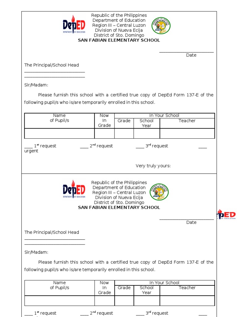 Request for DepEd Form 137-E Copy | PDF | Wellness | Career & Growth