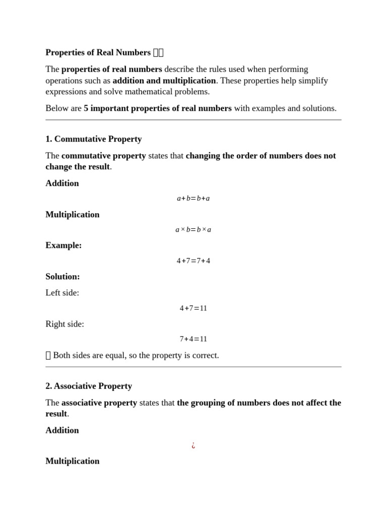 Properties of Real Numbers | PDF | Multiplication | Mathematics