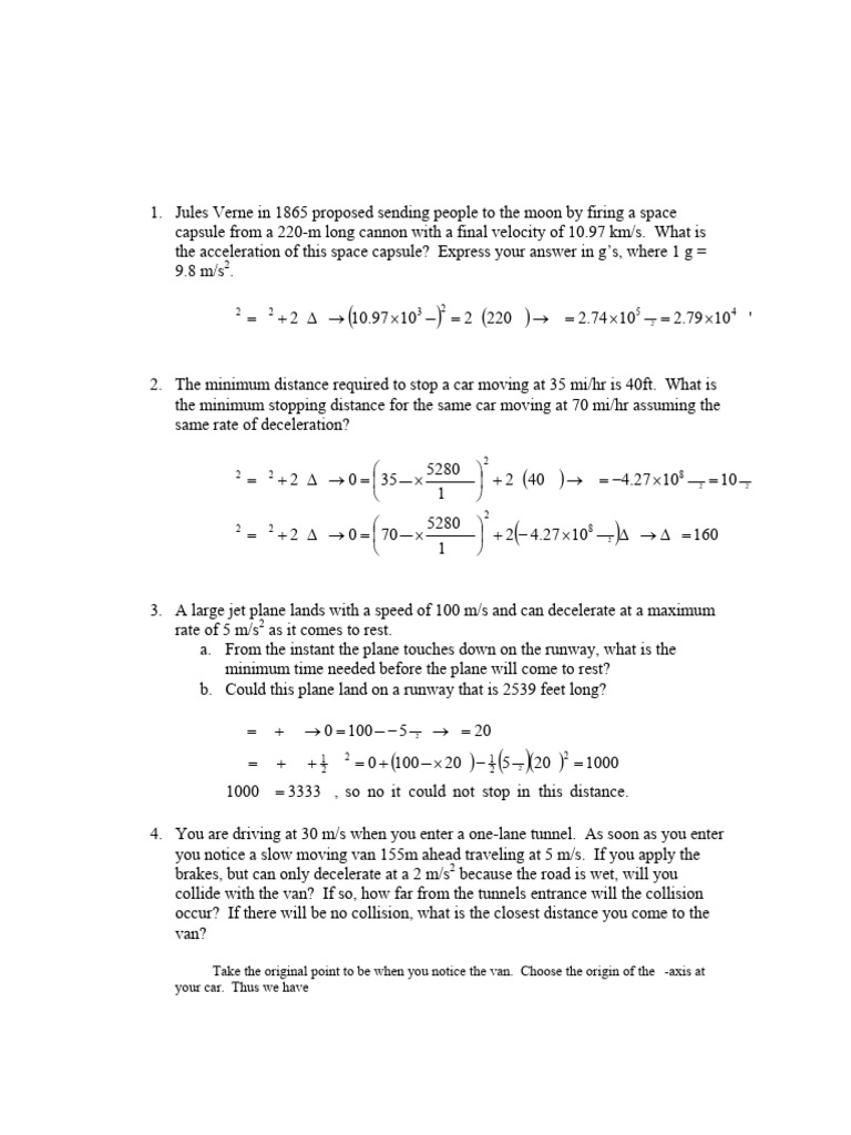 1 D Motion Problems Solutions | PDF | Acceleration | Velocity