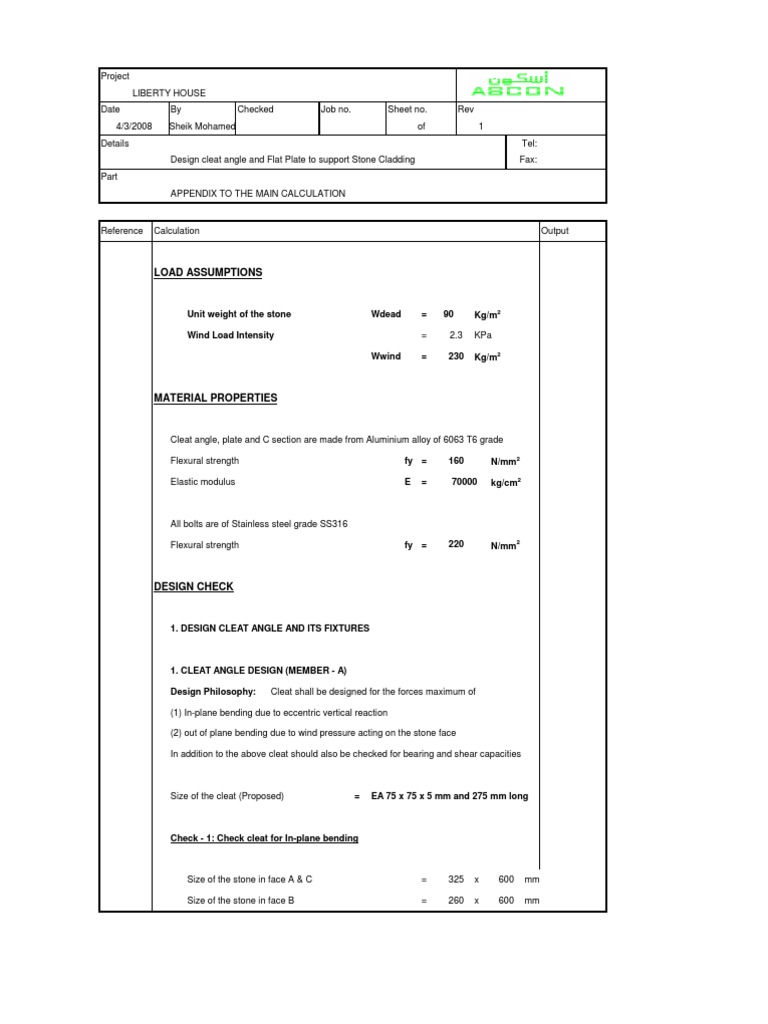 Cleat Angle Design for Stone Cladding | PDF | Bending | Structural Steel