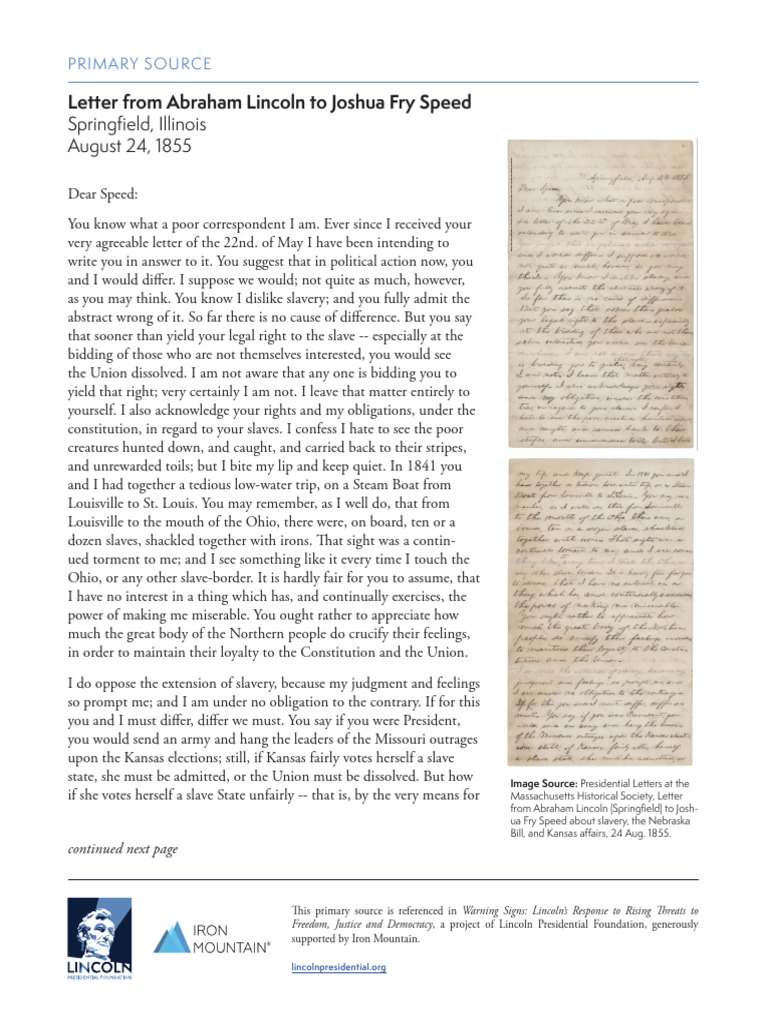 Abraham Lincoln Letter to Joshua Speed | PDF | Abraham Lincoln | Whig ...