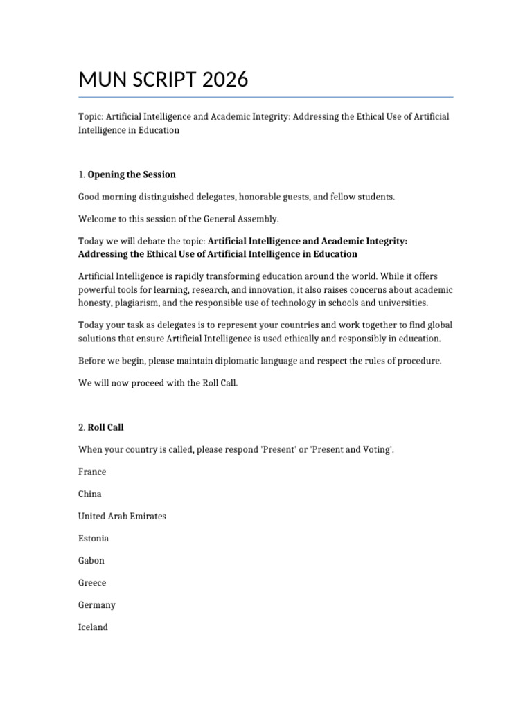 MUN General Assembly Chair Script | PDF | Academic Integrity | United ...