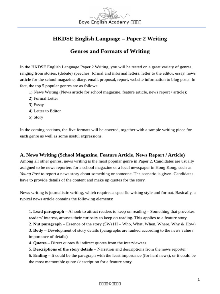 HKDSE Paper 2 Writing - Format Genres and Sample Writings | PDF | News ...