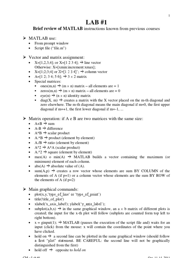 Brief Review of MATLAB Instructions Known From Previous Courses ...