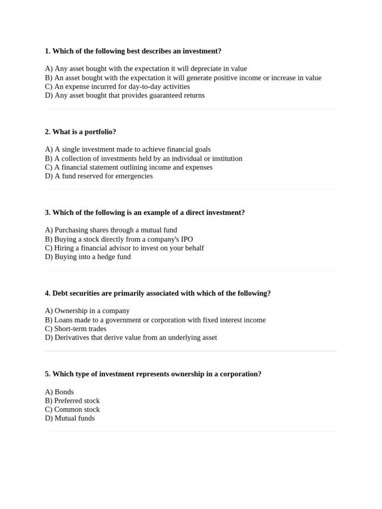 The Investment Environment Quiz | PDF | Investing | Financial Risk
