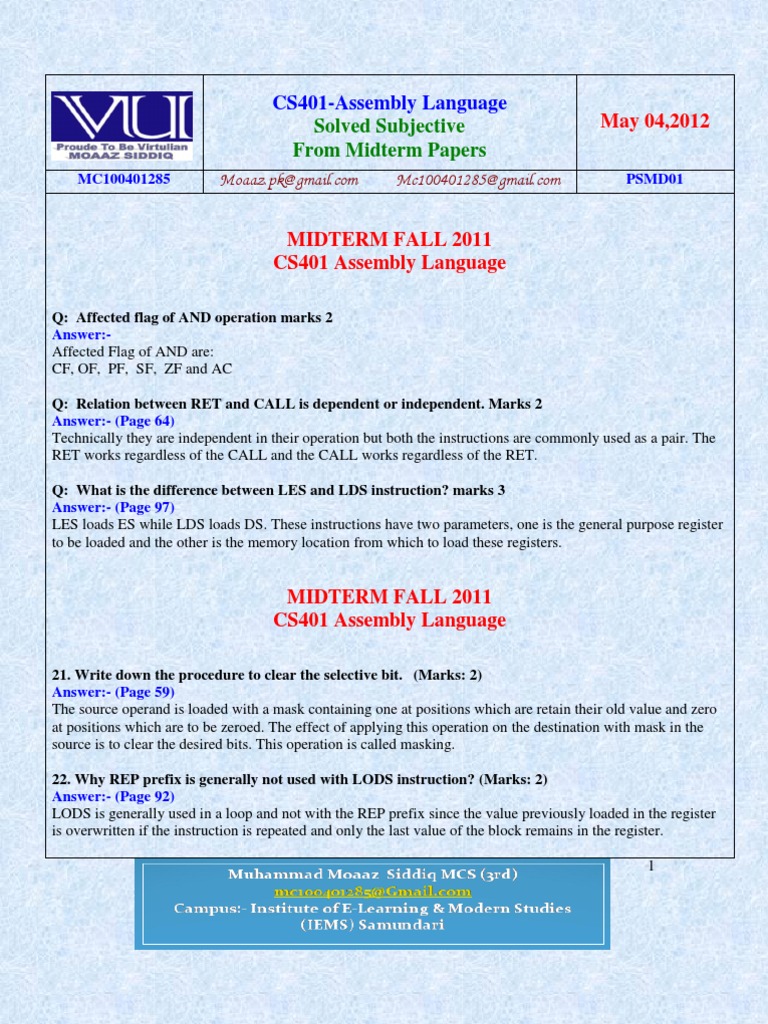 CS401-Assembly Language: Solved Subjective From Midterm Papers | Download Free PDF | Instruction ...
