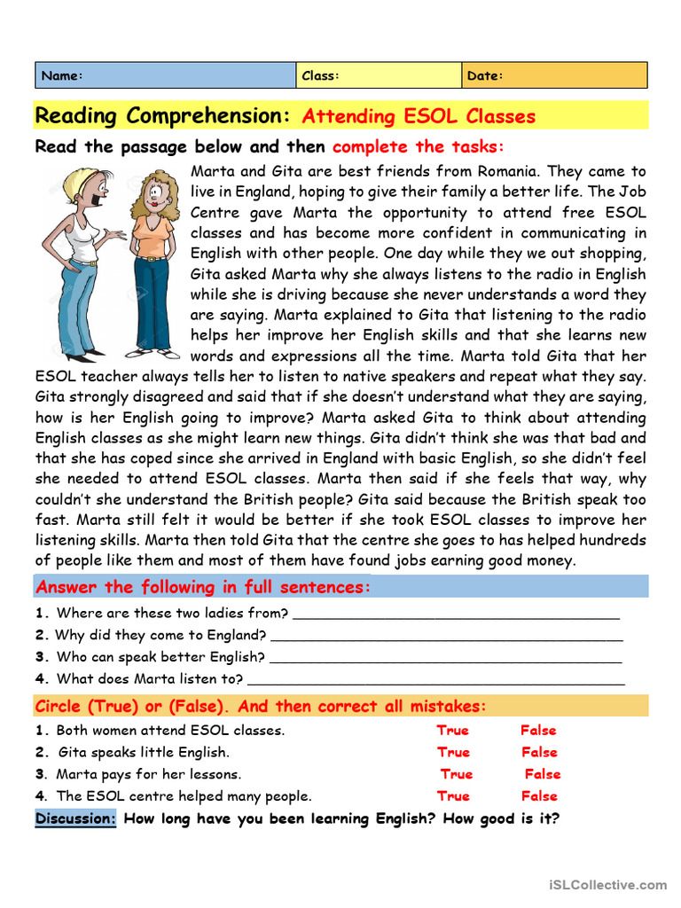 Reading Comprehension - Attending ESOL Classes | PDF | English As A ...