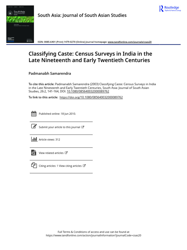 Padmanabh Samarendra, Classifying Caste Census Surveys in India in The ...