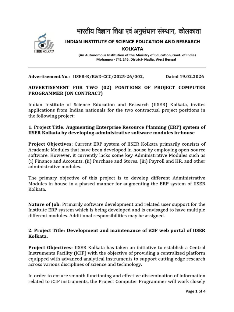 Advt Project Computer Programmer on Contract 19.02.2026 | PDF | Enterprise Resource Planning ...