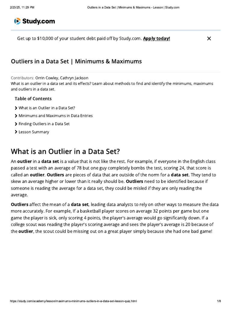 Outliers in A Data Set - Minimums & Maximums - Lesson - Study | PDF