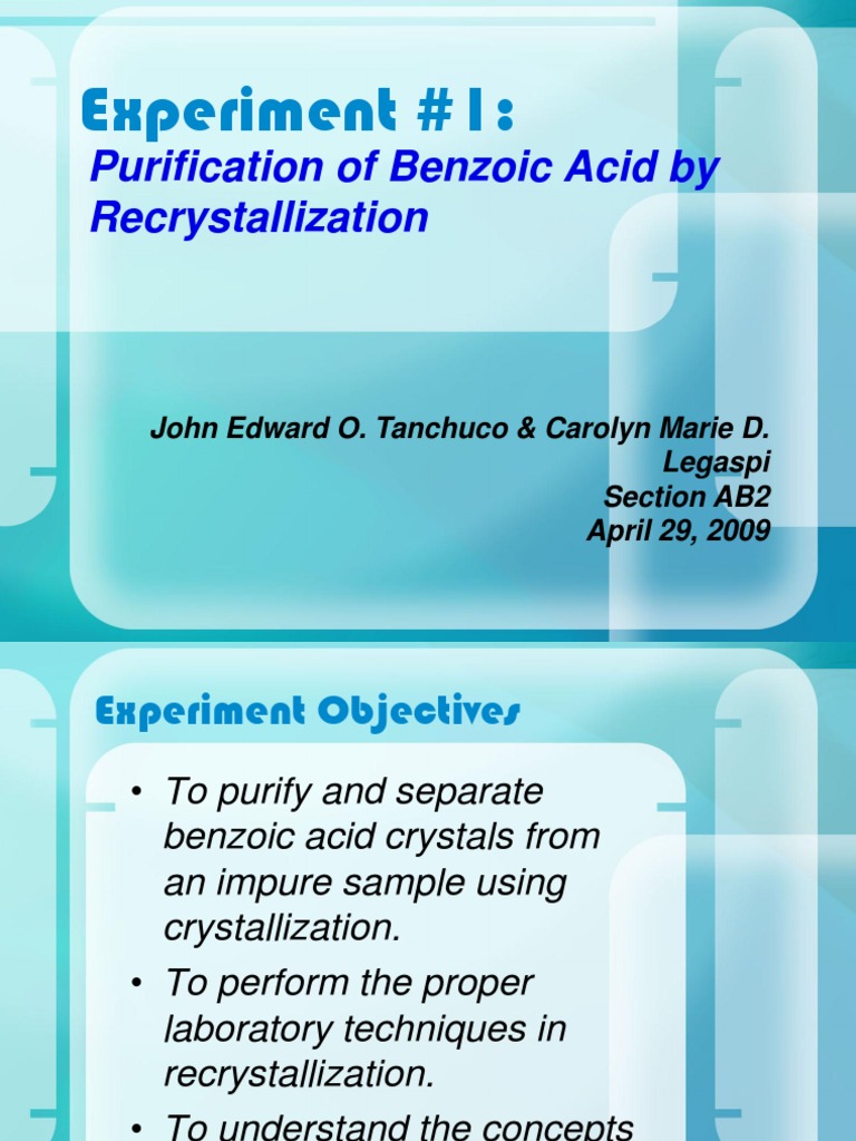 Experiment #1:: Purification of Benzoic Acid by Recrystallization | PDF ...
