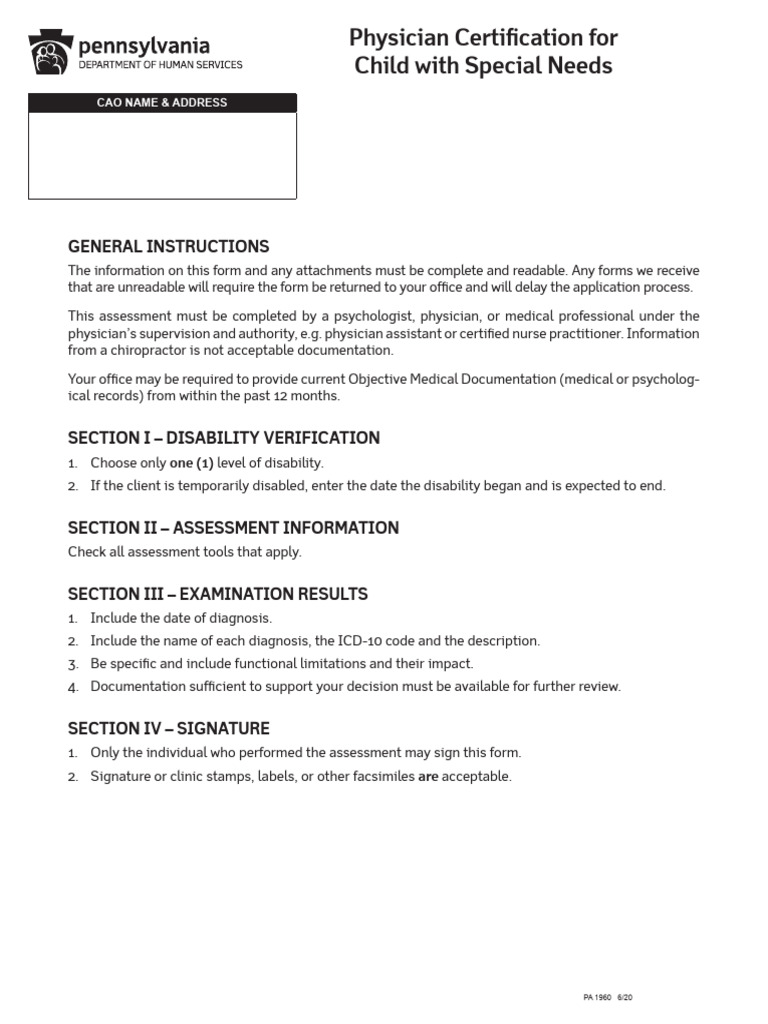 PA1960 Physician Certification For Child With Special Needs | PDF ...