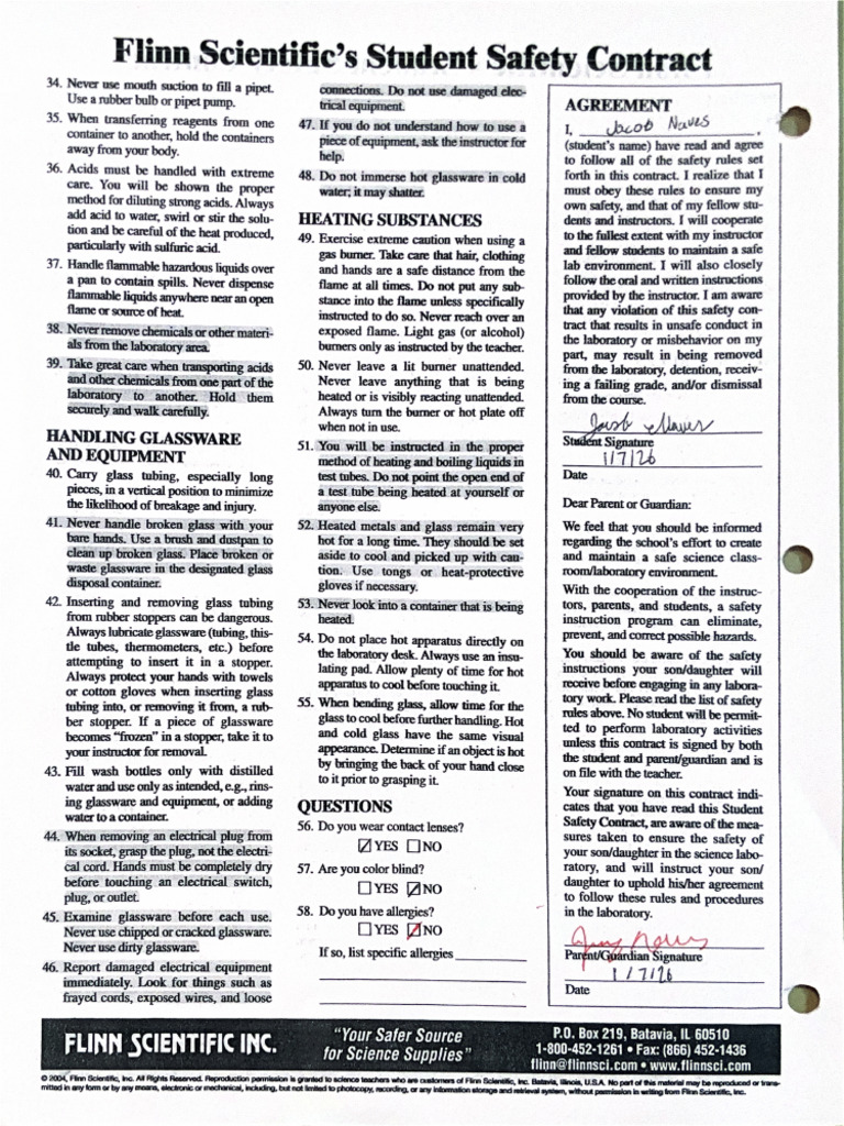 Flinn Scientific's Student Safety Contract | PDF