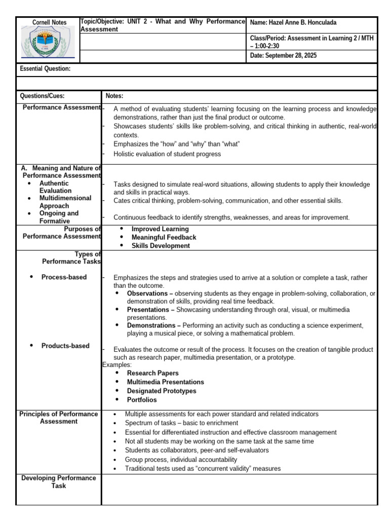 UNIT2 Cornell Notes Honculada | PDF | Educational Assessment | Learning