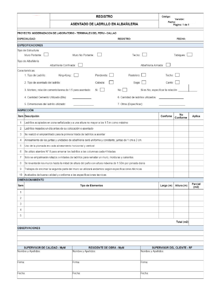 Checklist de Asentado de Ladrillo | PDF