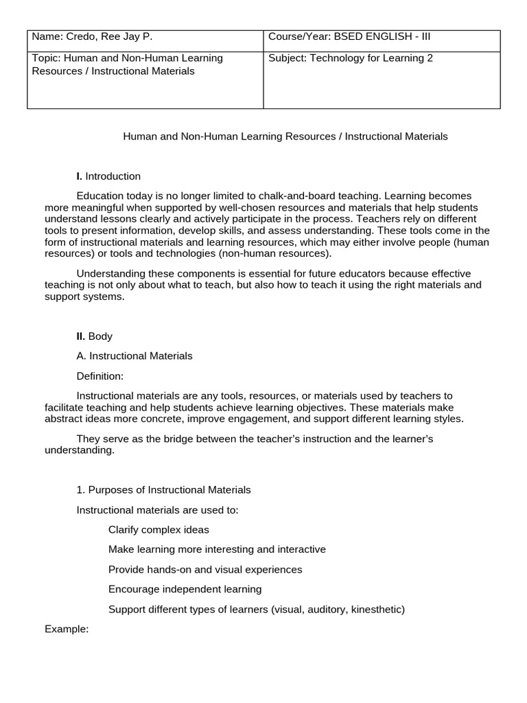 Human and Non Human Learning Resources Instructional Materials | PDF ...