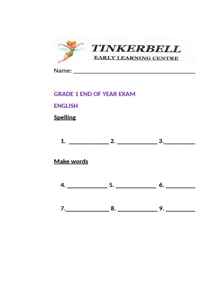 Grade 1 English End of Year Test | PDF