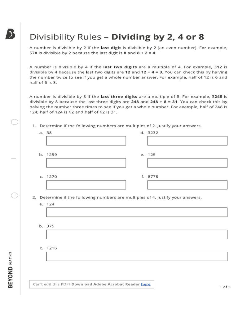 Worksheet Divisibility 2, 4 and 8 | PDF