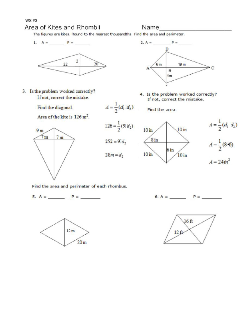WS03 Area of Kites and Rhombi WS K | PDF