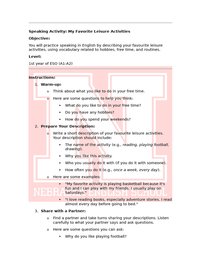 Speaking Activity Leisure Time 1ro Eso | PDF | Hobbies