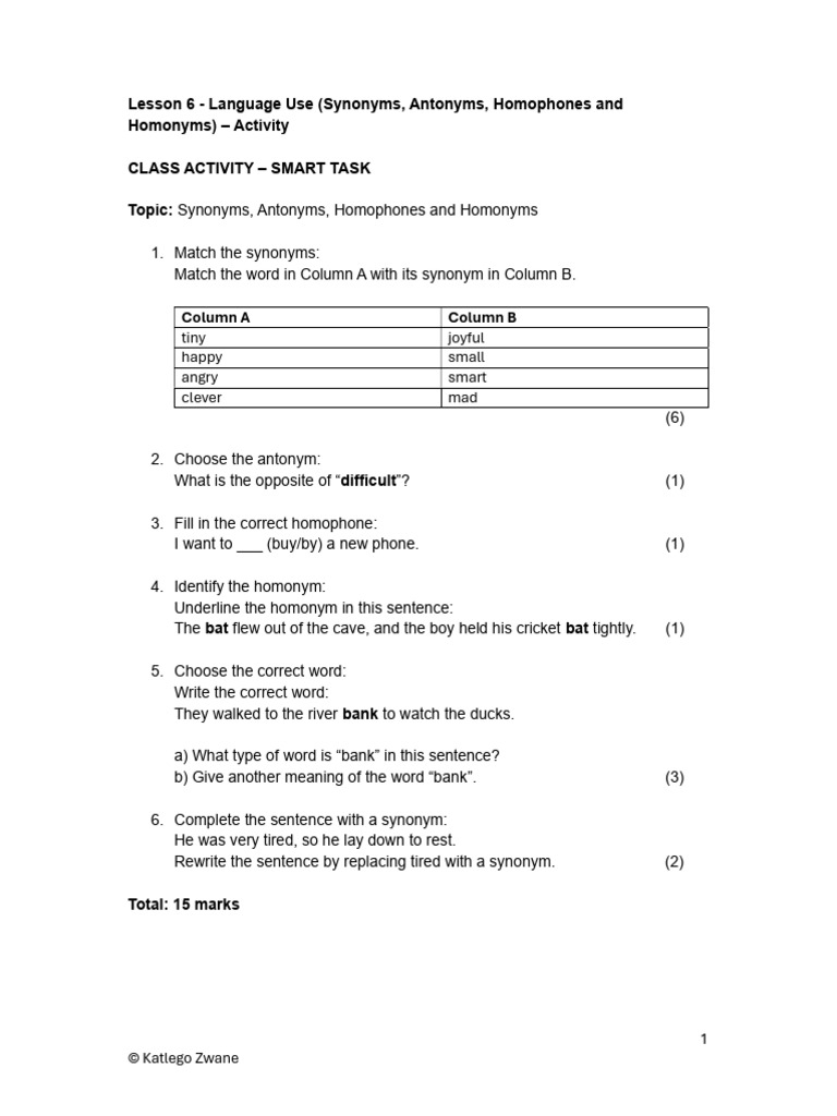 Lesson 6 - Language Use (Synonyms, Antonyms, Homophones and Homonyms ...