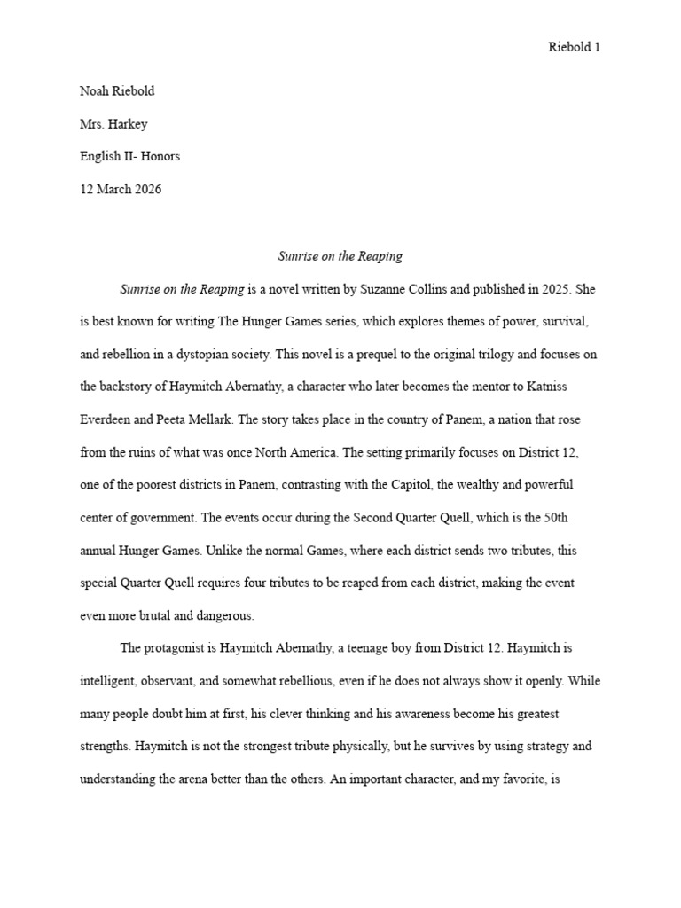 Sunrise On The Reaping-Book Report | PDF | The Hunger Games