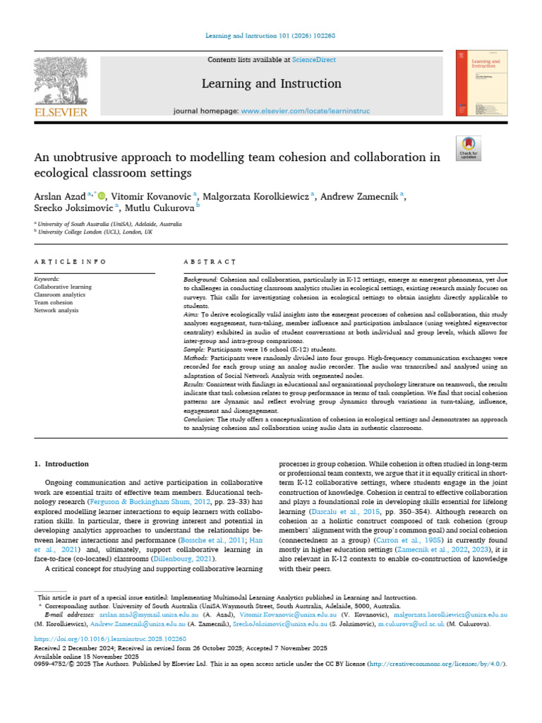 Azad - LAI - 2026 - An Unobtrusive Approach To Modelling Team Cohesion ...
