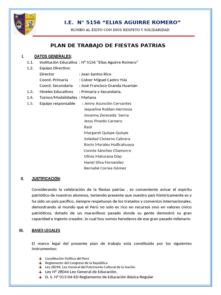 Plan Fiestas Patrias 2026 | PDF | Salón de clases | Maestros