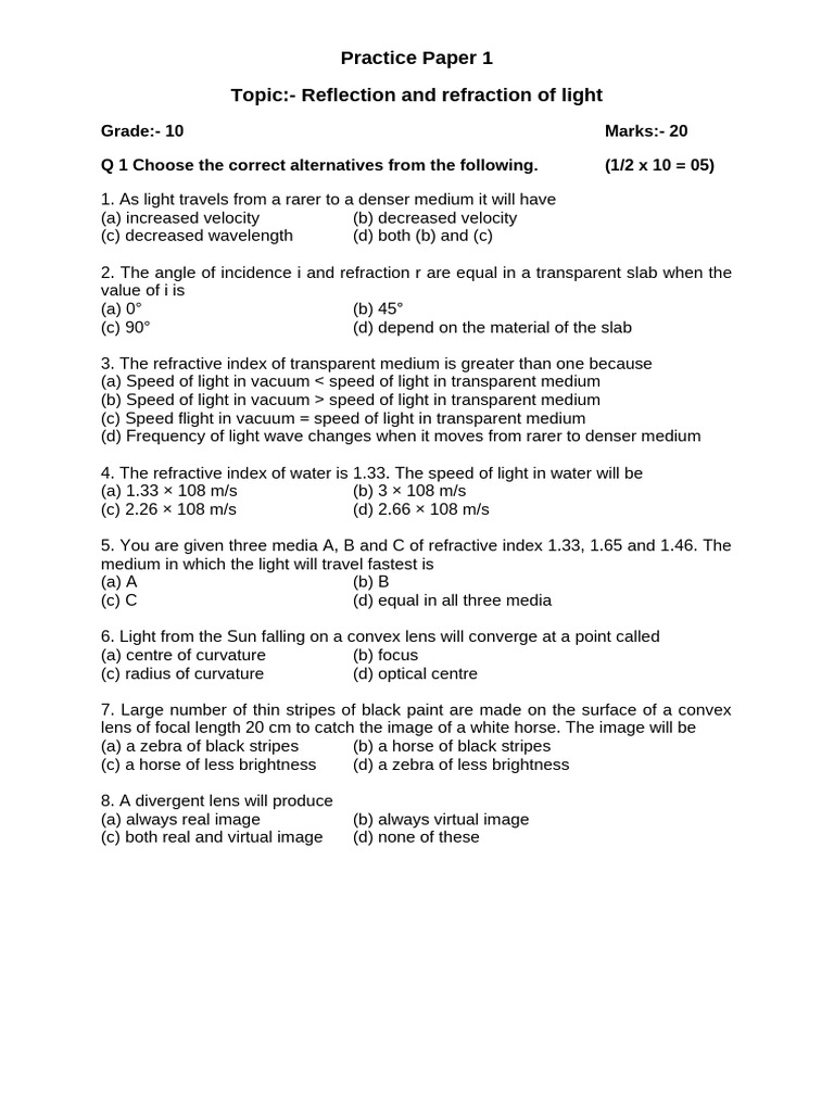Light Refraction and Reflection Test | PDF | Refraction | Refractive Index
