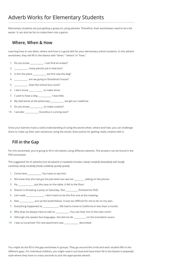 Adverb Worksheets For Elementary and Middle School | PDF | Adverb
