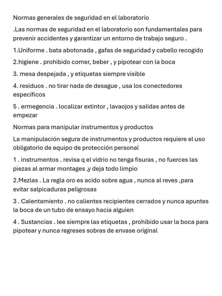 Normas Generales de Seguridad en El Laboratorio | PDF