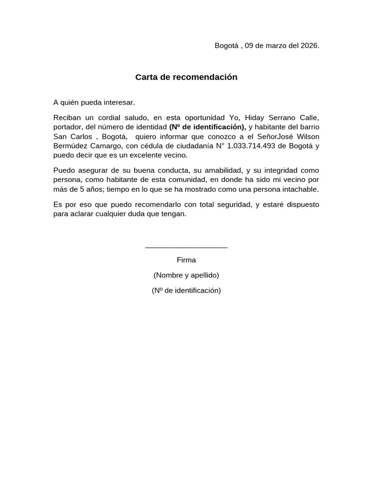 Carta de Recomendacion Personal de Un Vecino | PDF