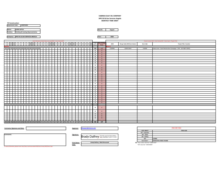 Sunil Datla-CABGOC - Aug 2024 Timesheet | PDF | Petroleum Industry ...
