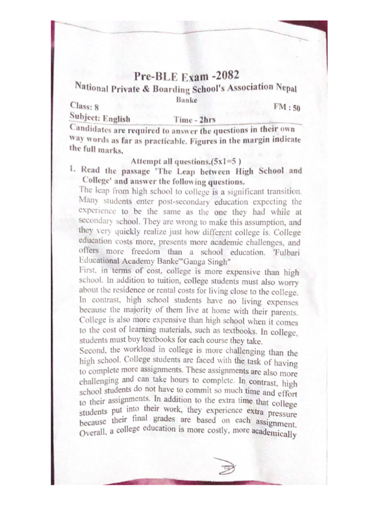 Pre BLE Exam 2082 | PDF