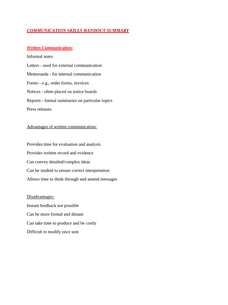 Communication Skills Handout Summary | PDF | Communication | Nonverbal ...