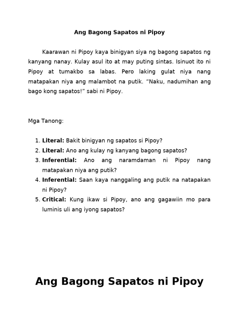 Grade 1 Selection Ang Bagong Sapatos Ni Pipoy | PDF