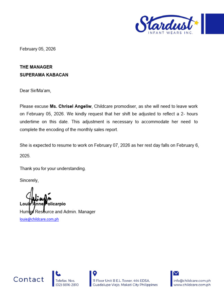 Excuse Letter for Undertime Due to Inventory_Superama Kabacan_Angeliw ...