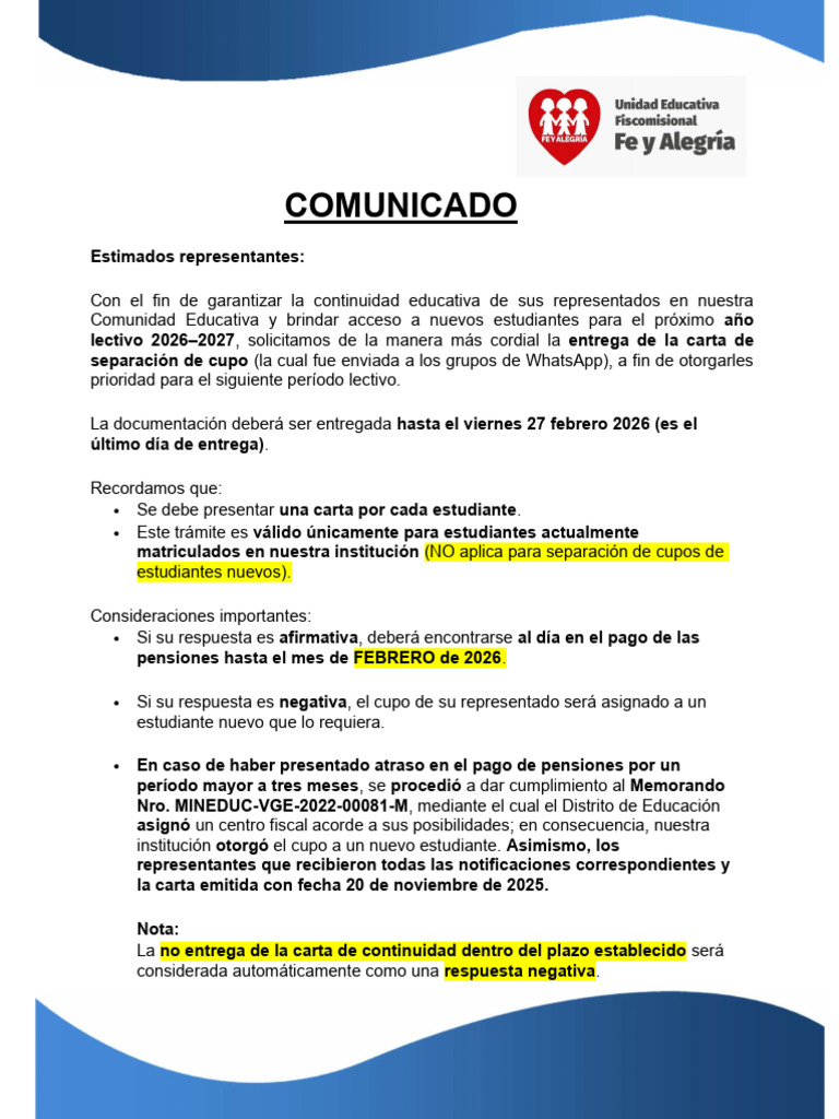 Separación de Cupo 2026-2027 | PDF