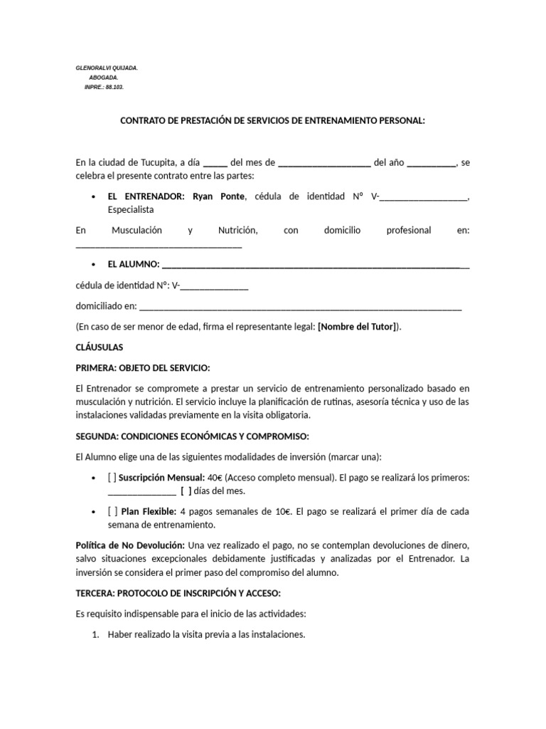 Ryan Ponte Contrato de Prestación de Servicios de Entrenamiento ...