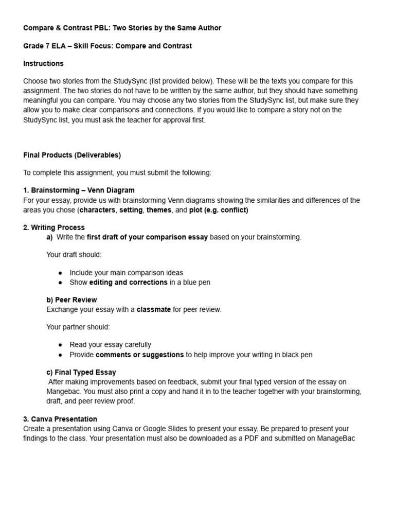 Compare & Contrast PBL - Two Stories by The Same Author | PDF | Essays ...