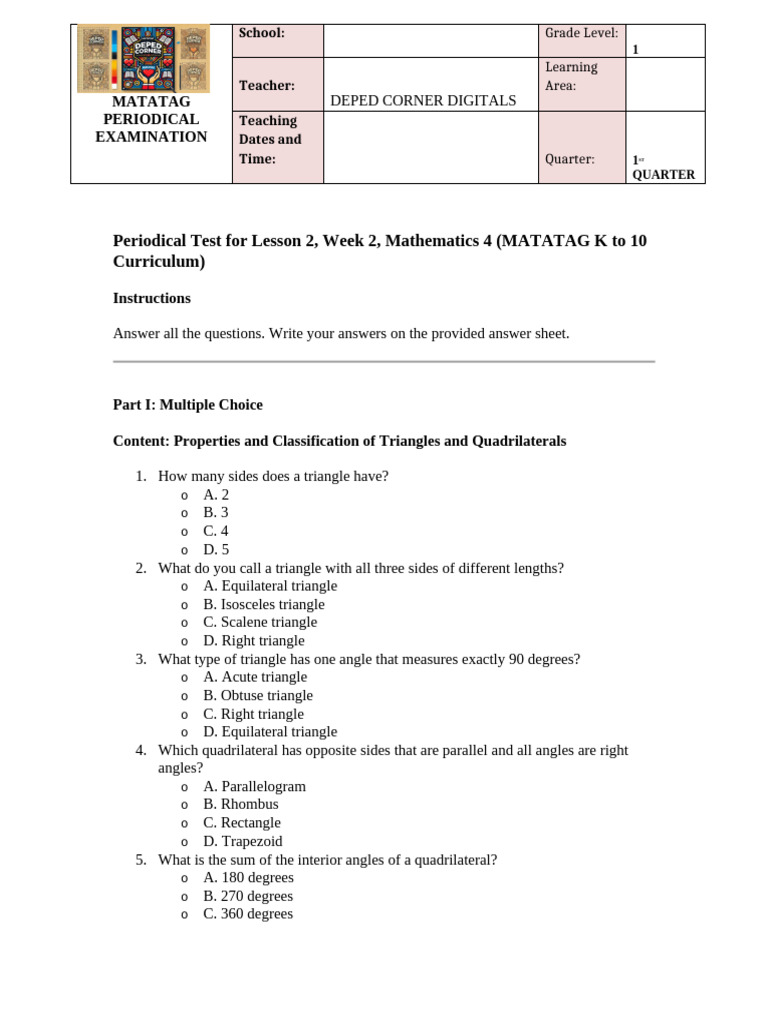 PT Week 2 Math Deped Corner Digitals | PDF | Triangle | Rectangle