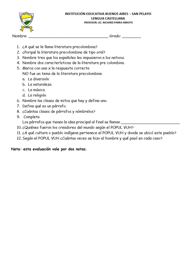 Evaluacion Popul Vuh | PDF