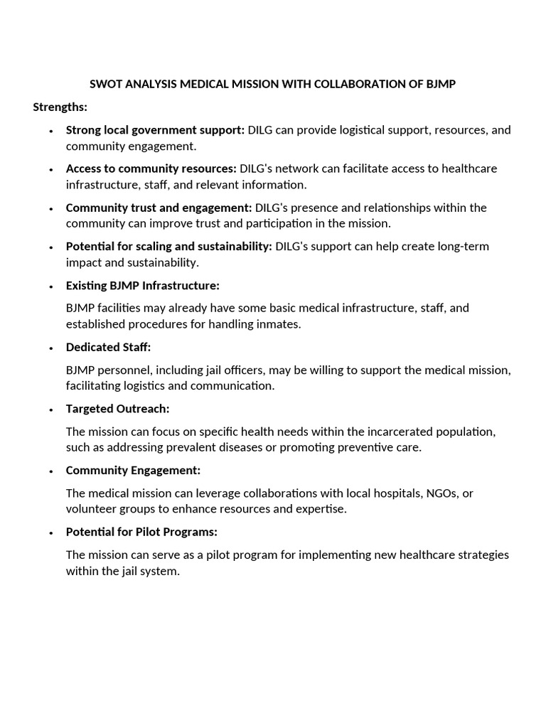 Swot Analysis Medical Mission With Collaboration of BJMP | PDF | Public ...